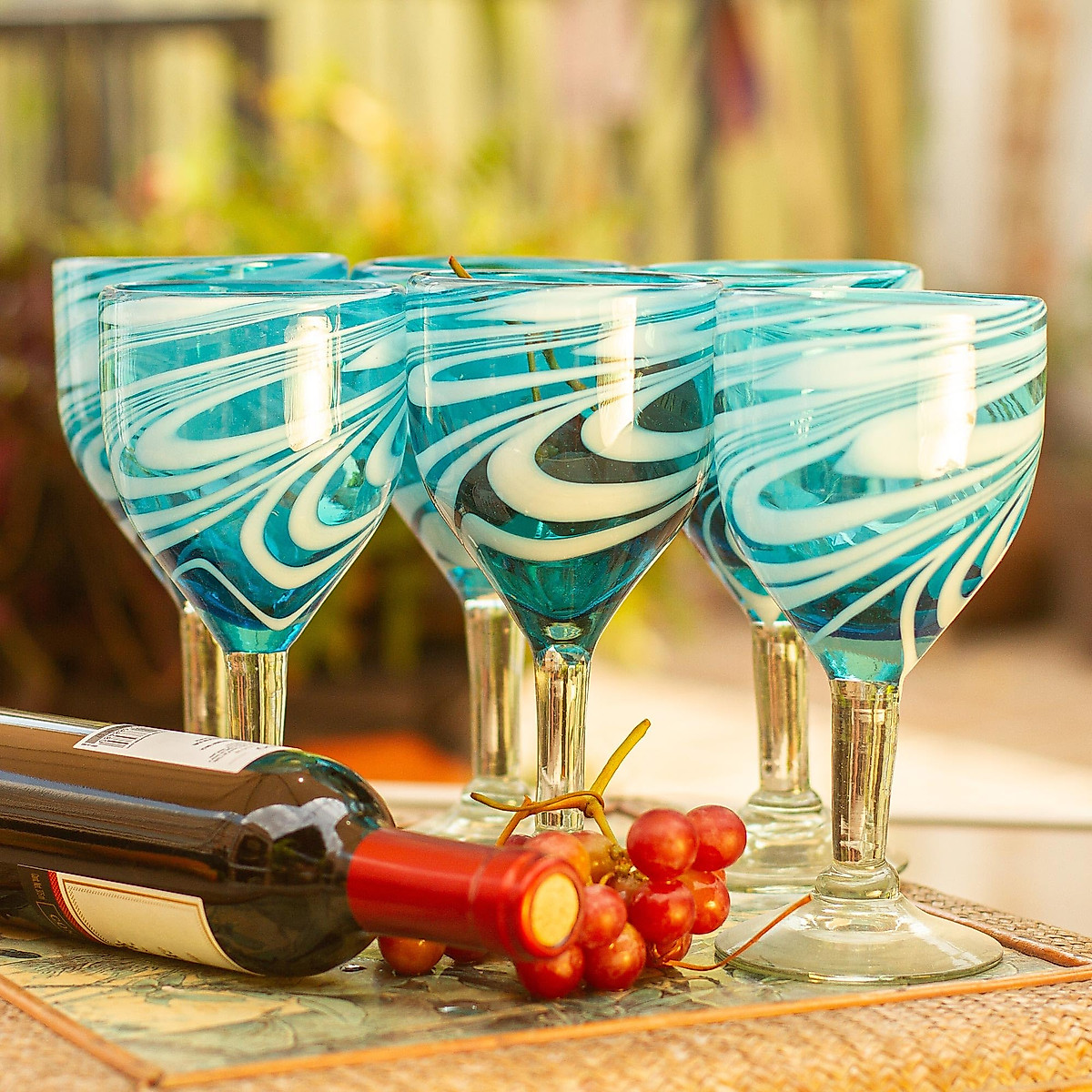 NOVICA Blue Hand Blown Glass Wine Glasses, 12 Oz, Whirling Aquamarine' (Set Of 6), Large