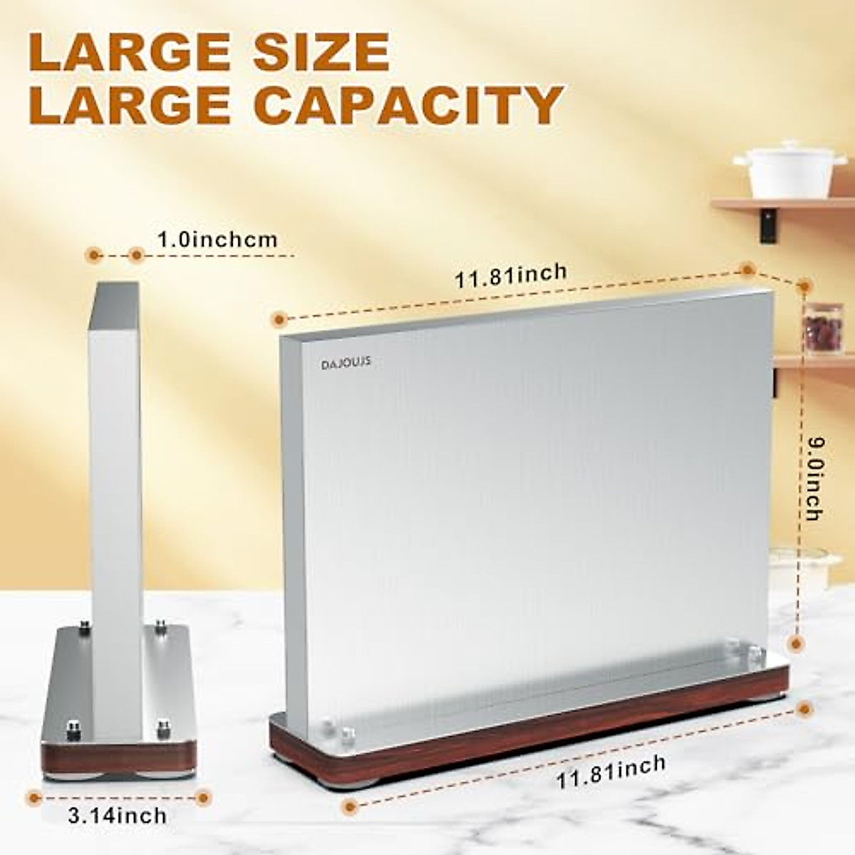 Magnetic Knife Holder Stand Block: Double Sided Magnetic Knife Holder Without Knifes Stainless Steel Knife Display Storage Rack for Kitchen Counter with Strong Enhanced Magnet and Wood Base - Silver