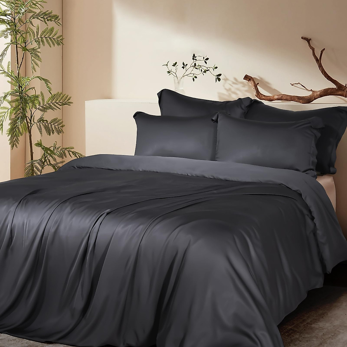NEXHOME PRO Duvet Cover Set King - Lightweight Organic Viscose from Bamboo Cooling Duvet Cover for Hot Sleepers 104"x90" 3pcs Breathable Dark Grey Bedding with Corner Ties,Zipper Closure,No Insert