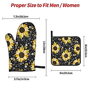Sunflower Bees Oven Mitts and Pot Holders Sets of 4,Resistant Hot Pads with Polyester Non-Slip BBQ Gloves for Kitchen,Cooking,Baking,Grilling