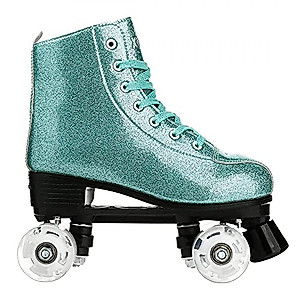 Comeon Roller Skates for Women PU Leather Roller Skates High-Top Leather for Beginners Teens for Woman,Girls and Boys,Adult (Green crystal,flash wheel,250/uk5.5/eur38)