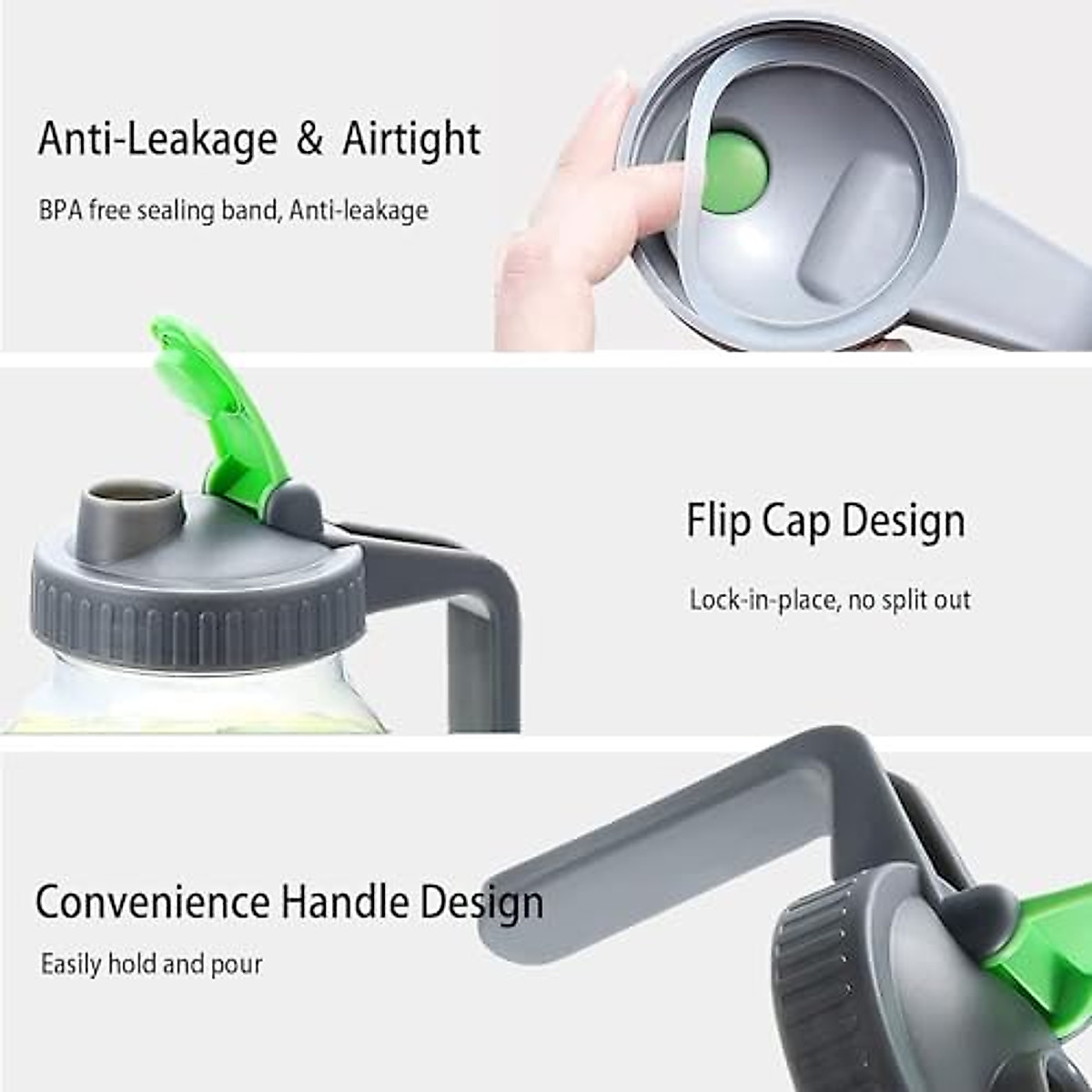 2 Pack Wide Mouth Mason Jar Pour Spout Lids with Handle Reusable Plastic Flip Cap Lid,Leak-proof Airtight Seal Black, 86mm (Jar Not Included)