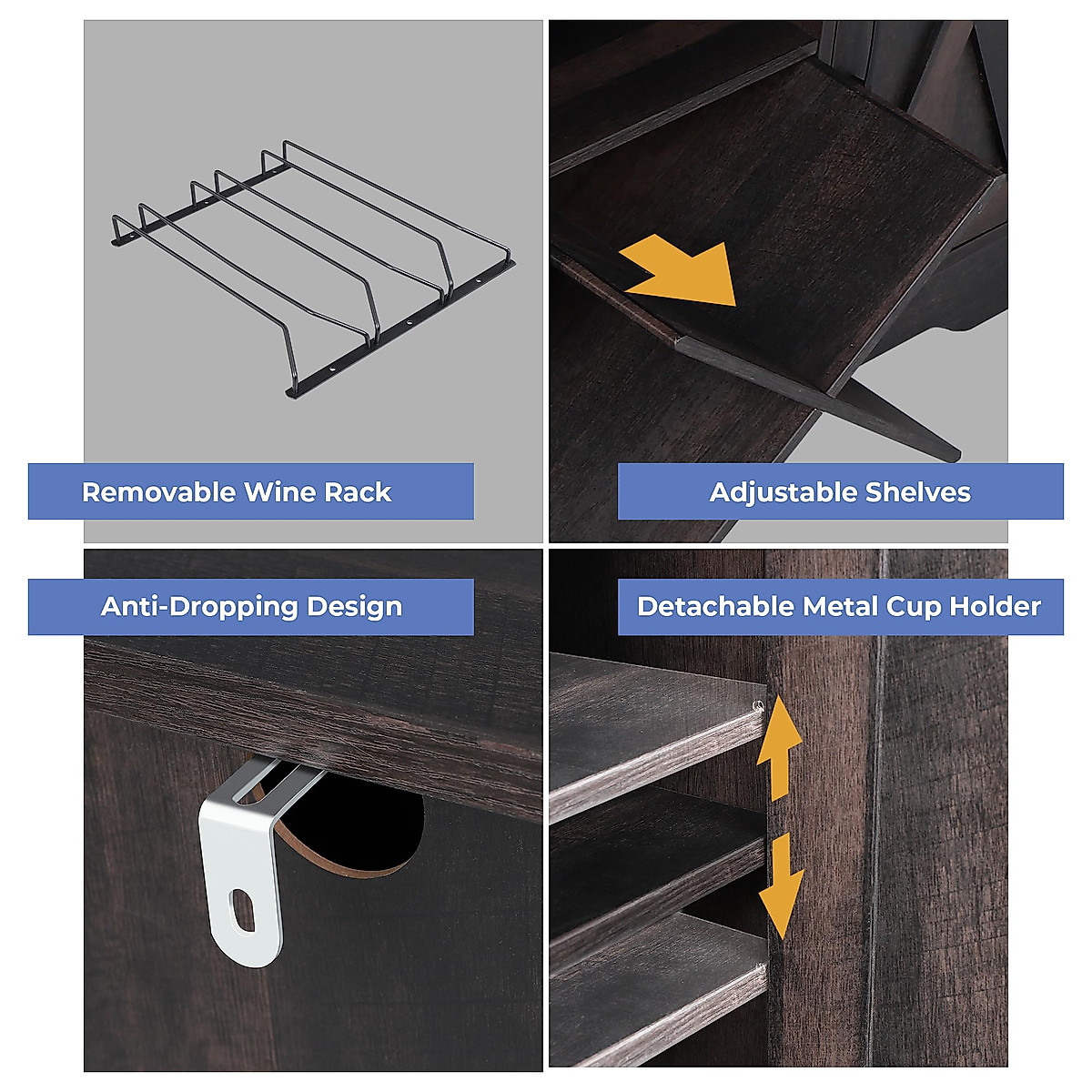 VVFLU Sideboard Buffet Cabinet with Storage Kitchen Farmhouse Coffee Bar Cabinet, Drawers, Removable Wine Rack, Wine Glass Rack, Barn Doors, Adjustable Shelves for Dinning Room, Brown (Coffee Wood)