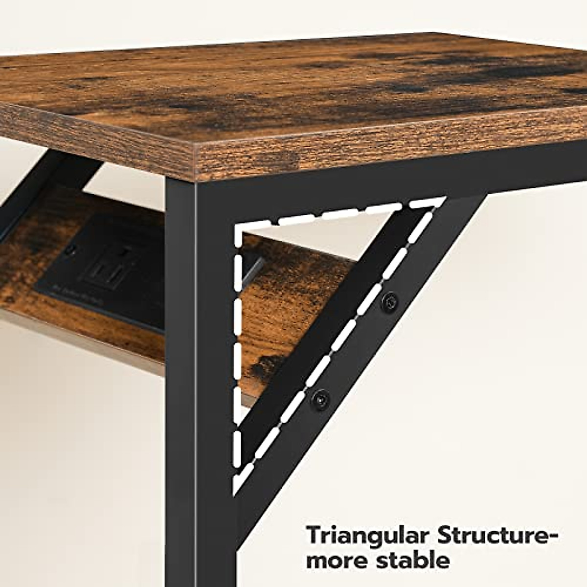 HOOBRO C Shaped End Table with Charging Station, Retro Sofa Couch Side Table, Narrow Nightstand for Small Space, Living Room, Bedroom, Rustic Brown and Black BF07USF01