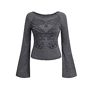 SOLY HUX Women's Rhinestone Heart Print T Shirt Bell Long Sleeve Fitted Y2K Tee Tops Solid Grey L
