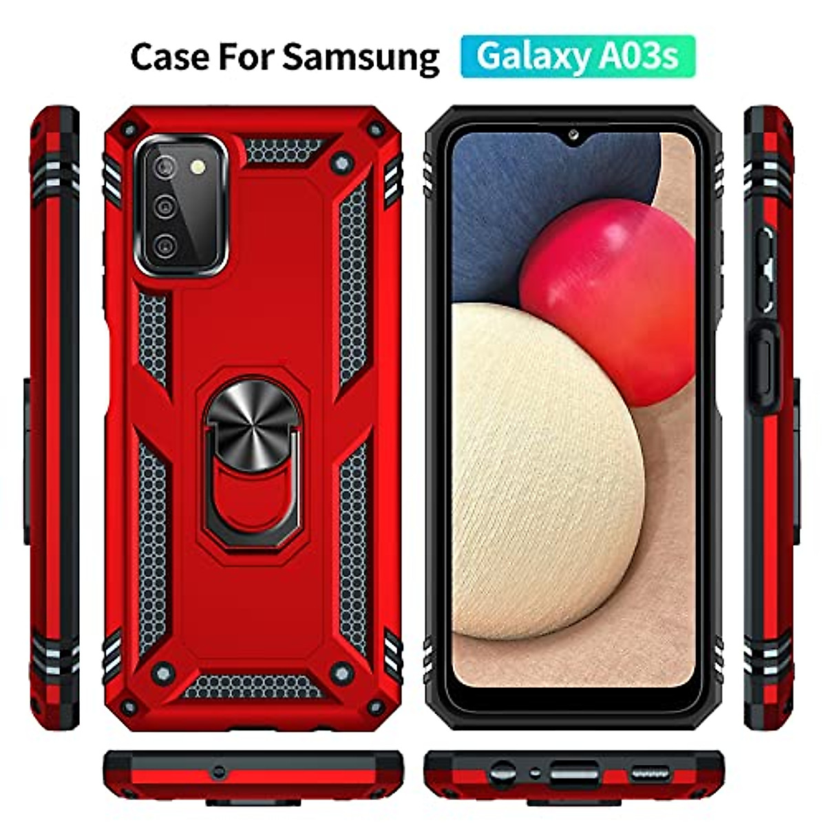 YZOK for Samsung Galaxy A03S Case,Galaxy A03S Case with HD Screen Protector,[Military Grade] Ring Car Mount Kickstand Hybrid Hard PC Soft TPU Shockproof Protective Case for Samsung A03S (Red)
