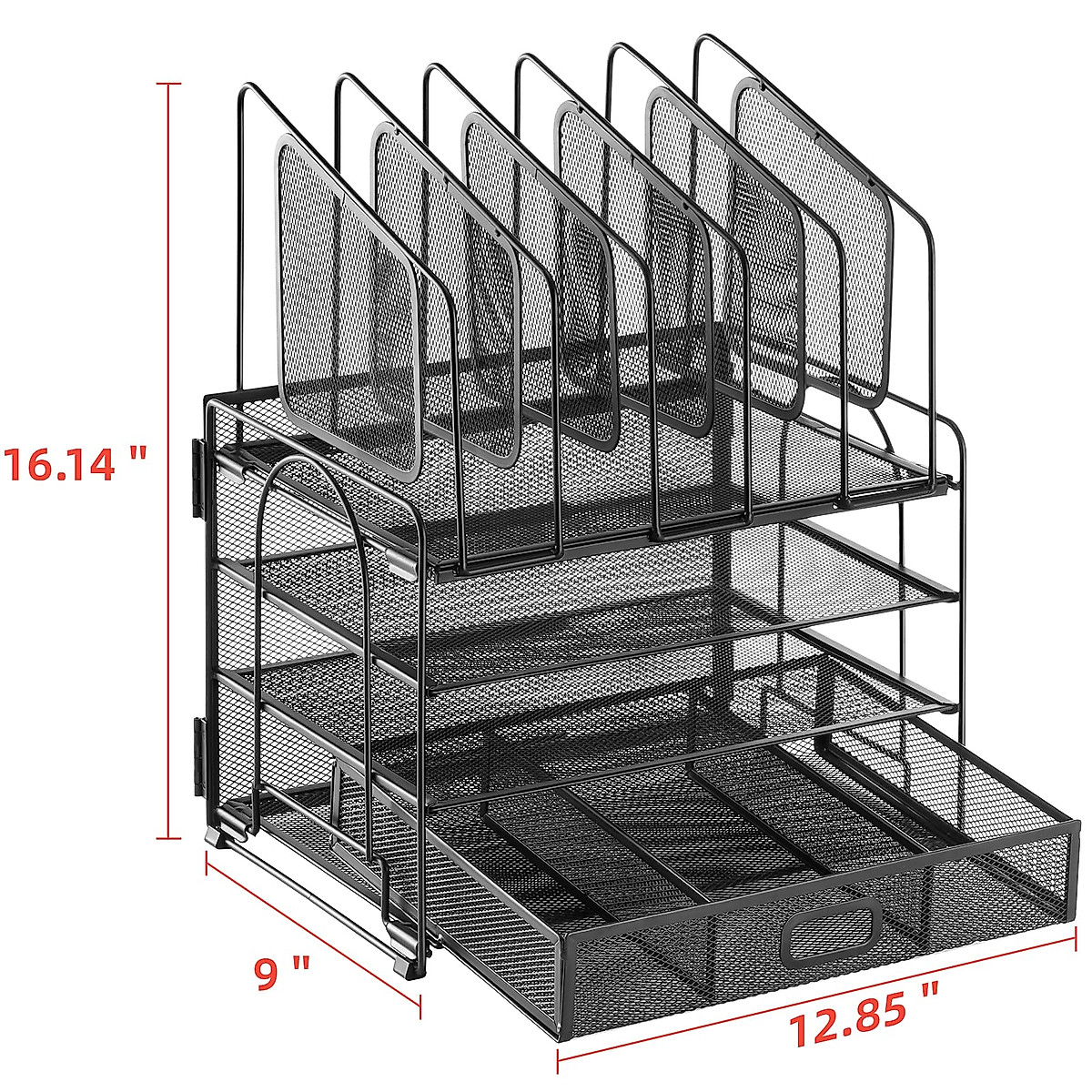 Marbrasse Desk Organizer with Drawer, 4-Tier Mesh Desk File Organizer with 5 Vertical File Holders and 2 Pen Holders, Multifunction Desktop Organizer,Desk Organizers and Accessories for Home Office
