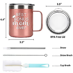 GINGPROUS Mother's Day Gifts for Mom, Best Bonus Mom Ever Birthday Gifts for Women Bonus Mom Mother New Mom to Be from Daughter Son, 12 Oz Insulated Stainless Steel Insulated Travel Mug, Rose Gold