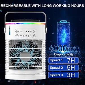Portable Air Conditioners,Rechargeable Air Conditioner Fan with 6000mAh Battery,3 Speed Personal Evaporative Air Cooler with 3 Mist&3 Timer&Colors Light,Mini AC Cooling Fan for Bedroom,Camping