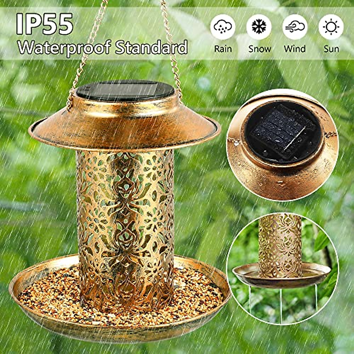 Enhon 2 Pack Solar Bird Feeder for Outdoors Hanging, Metal Wild Bird Feeder for Cardinals, Weather Resistance Solar Backyard Garden Lantern Light Decoration with S Hook as Gift Ideas for Bird Lovers