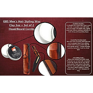 G.B.S Men's All-Natural Hair & Mustache Styling Wax Clay (3oz), Folding Comb & 7in Dressing Comb Bundle