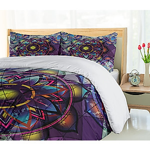 Ambesonne Lotus Duvet Cover Set, Psychedelic Surreal Geometry Mandala Background Futuristic Effects Print, Decorative 3 Piece Bedding Set with 2 Pillow Shams, King Size, Lilac Blue