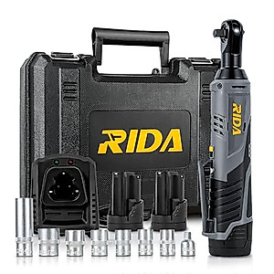 RIDA Cordless Electric Ratchet Wrench Set 40 Ft-lbs 400 RPM 3/8" 12V Cordless Ratchet Kit w/ 2-Pack Li-Ion Batteries & 60-Min Fast Charge, Variable Speed Trigger 8 Sockets New Year presents