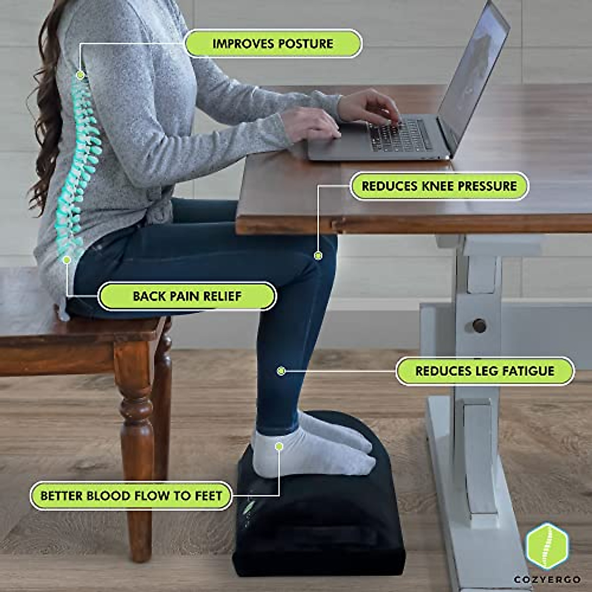 CozyErgo Adjustable Foot Rest for Under Desk at Work - Ergonomic Under Desk Foot Rest Helps with Knee & Back Pain - Under Desk Footrest Supports Swollen Ankles - Desk Foot Stool Posture Corrector