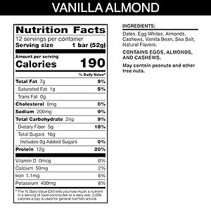 RXBAR Protein Bars, Protein Snack, Snack Bars, Vanilla Almond, 22oz Box (12 Bars)
