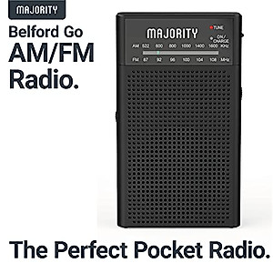 Rechargeable FM/AM Pocket Radio | Mini Portable Radio with 10 Hours of Playback, USB Charging and Headphone Jack | Majority Belford Go FM and AM Radio | Clear Sound Quality and Excellent Reception