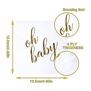 100 Pcs "Oh Baby" White Napkins - 3-Ply White and Gold Cocktail Napkins Baby Shower Party Supplies - Eco-friendly Party Napkins for Dessert Beverage & Table Decorations