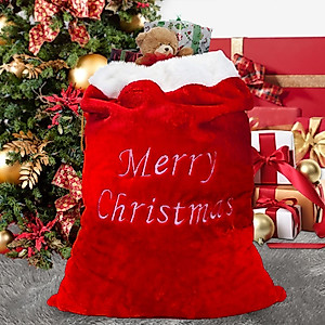 Luxury Oversized Velvet Santa's Gift Sack 3D Plush Faux Fur Cuff with Cord Drawstring – 34" Tall x 24" Wide