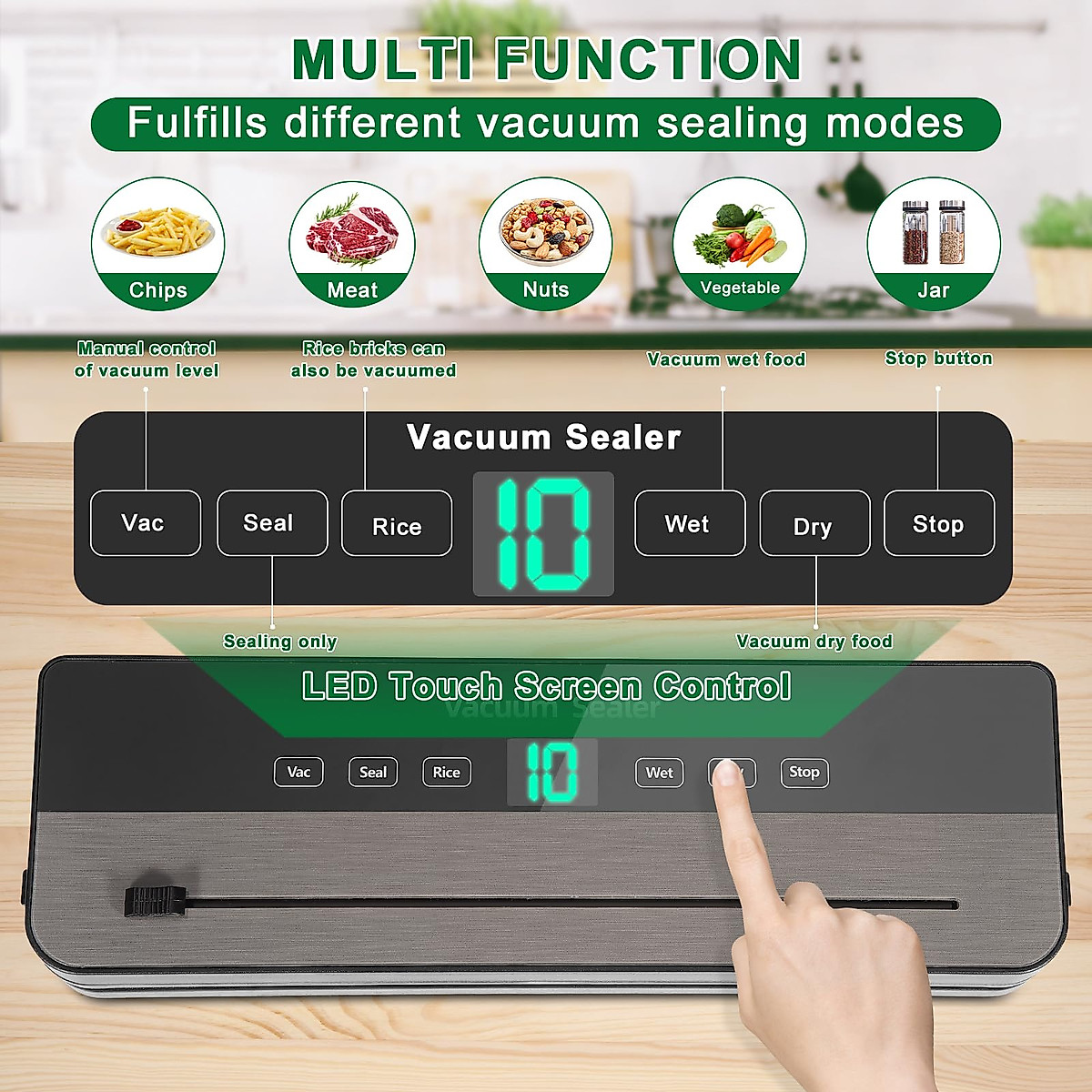 Chidoyii Vacuum Sealer Machine Dry & Moist Food Modes, 6-in-1 Compact Detachable Food Sealer Vacuum Sealer, Build-in Cutter and Countdown with 20 Vacuum Seal Bags