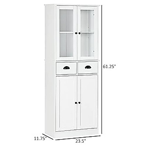 HOMCOM 61" Freestanding Kitchen Pantry, Traditional Style Storage Cabinet with Soft Close Doors, Adjustable Shelves, and 2 Drawers, for Living Room, Dining Room, White