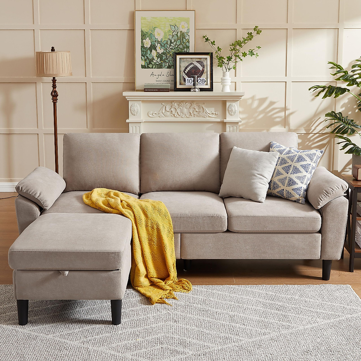 Tornama Convertible Sectional Sofa, Modern Polyester Small L Shaped Couch with Reversible Storage Chaise, 3 Seat Sofa Couches for Living Room, Apartment and Small Space, Beige