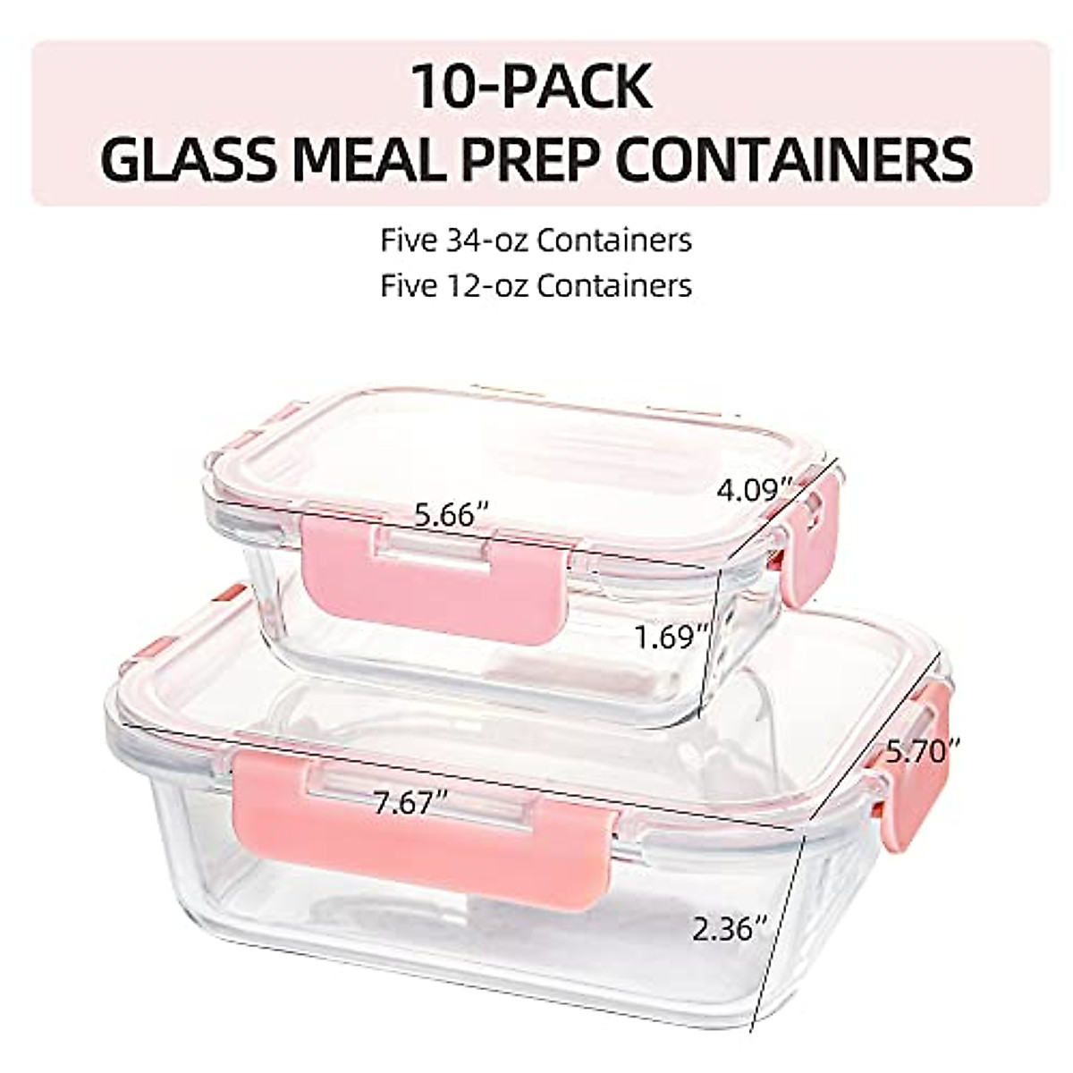 SHYRC 10 Pack Glass Meal Prep Containers with Lids, Airtight Glass Food Storage Containers Leak Proof Glass Lunch Containers(10 Lids & 10 Containers) - Pink