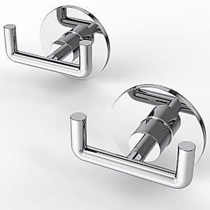 Ruacq Adhesive Double Towel Hook Chrome Round Base Bathroom Robe Self-Adhesive Towel Holder Hand Towel Hanger Stainless Steel and Zinc Alloy Modern Polished Chrome 2 Pack