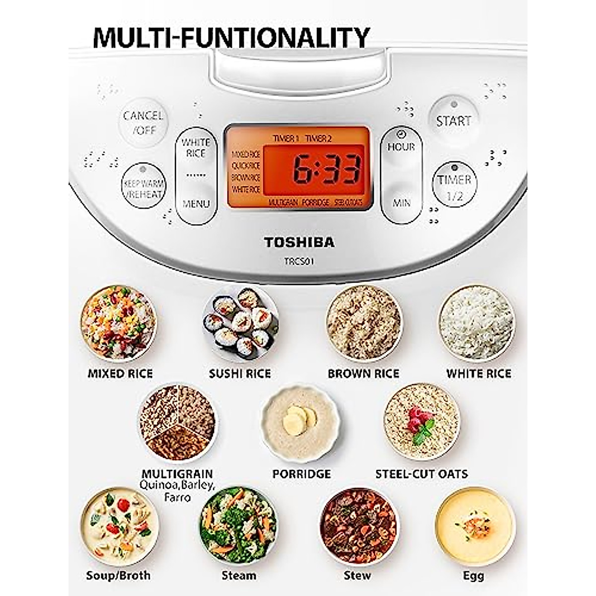 Toshiba Rice Cooker 6 Cup Uncooked – Japanese Rice Cooker with Fuzzy Logic Technology, 7 Cooking Functions, Digital Display, 2 Delay Timers and Auto Keep Warm, Non-Stick Inner Pot, White