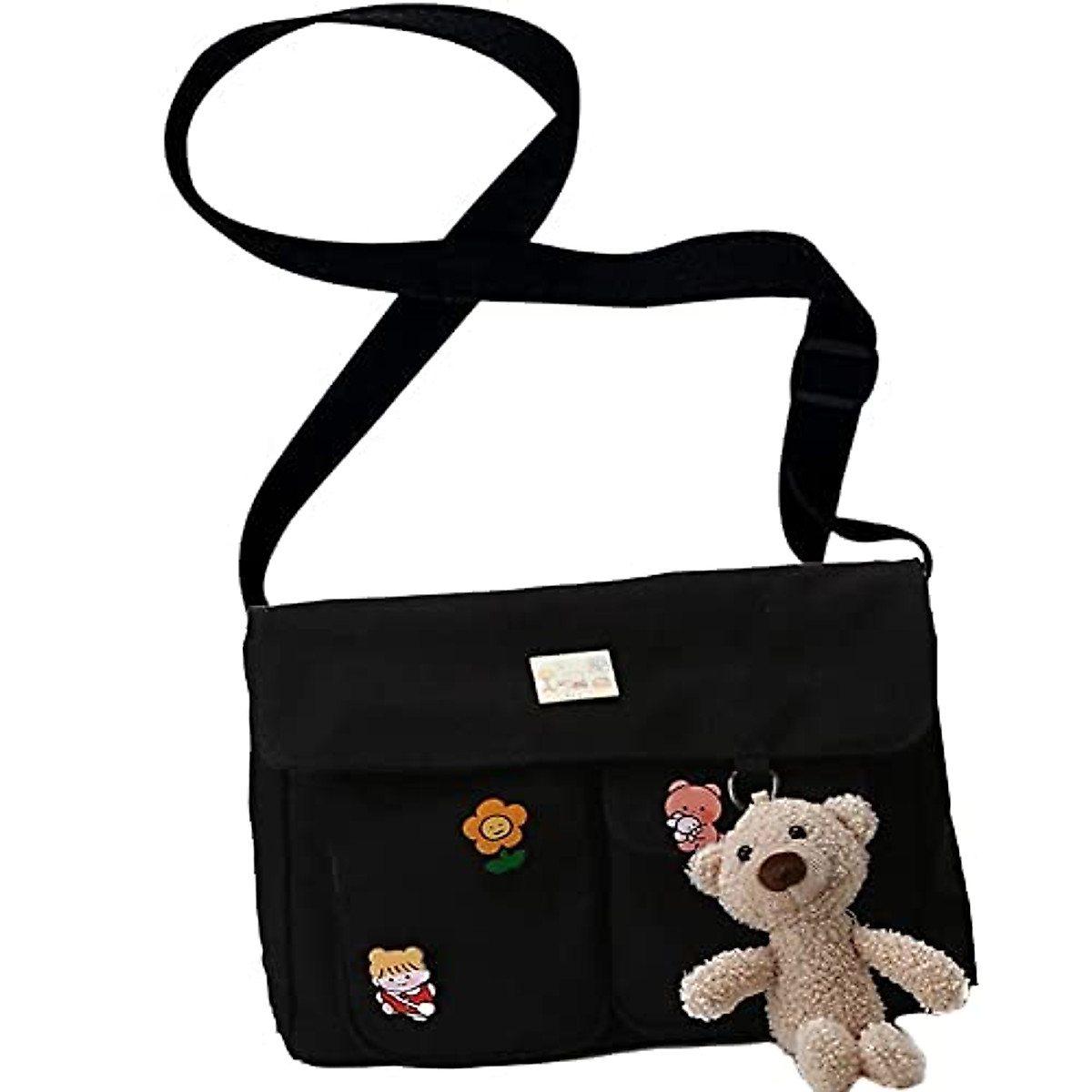 Canvas Crossbody Bag with Kawaii Pins and Pendent,Casual Shoulder Messenger Bag Students Schoolbag for Girls Women