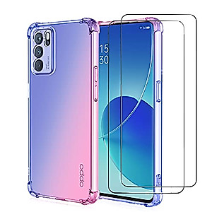 ZMONE Phone Case for Oppo Reno 6 5g Case with Tempered Glass Screen Protector [2 Pack], Clear Gradient Soft TPU Bumper Slim Anti-Scratch Shockproof Protective Cover - Blue/Pink