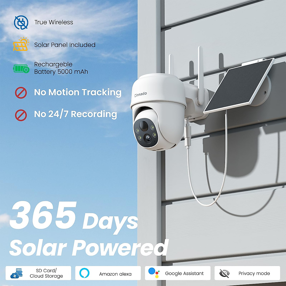 Cinnado Security Cameras Wireless Outdoor-2K Cameras for Home Security Outside Solar/Battery Powered 2.4G WiFi, 360° Color Night Vision, 2 Way Audio, PIR Human Detection, Works with Alexa/Google Home