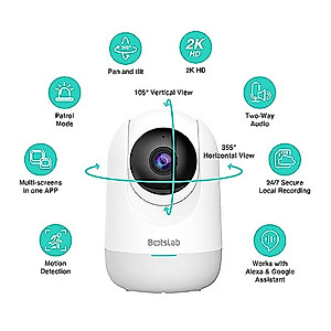 BOTSLAB Smart Pan Tilt Camera, 2K WiFi Indoor Home Security Dome Camera with Human and Motion Detection, Night Vision Baby Monitor, Compatible with Alexa