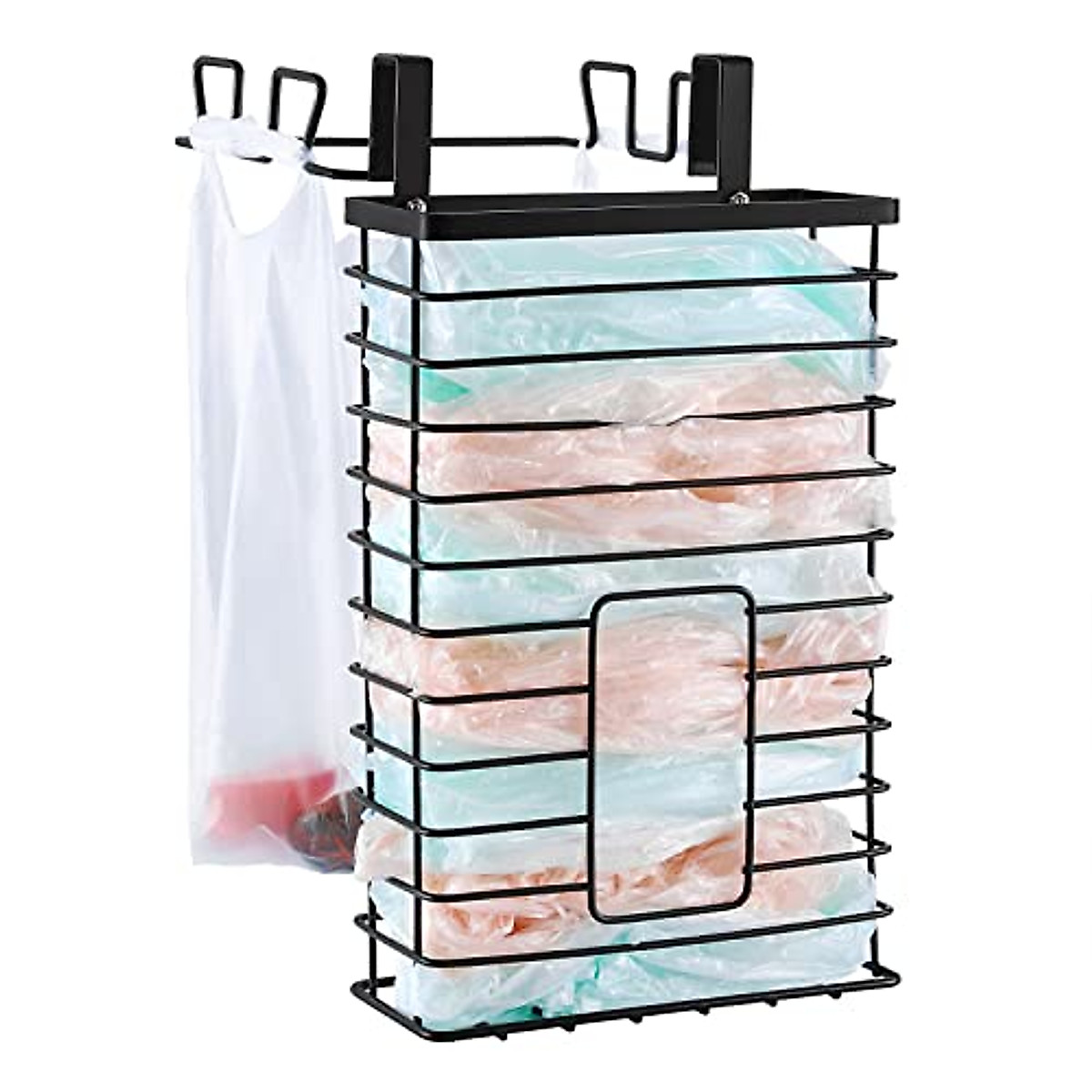 KES Plastic Bag Holder for Grocery Bags, Over The Cabinet Door Organizer, Hanging Trash Bag Holder Metal, Matte Black, KUR525-BK