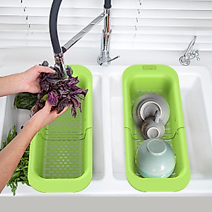 Janska 3-in-1 Adjustable Over The Sink Colander, 30% Heavier Duty, Sink Strainer, Rinse - Drain - Dry, European Made, Non BPA, Extendable, Heat Resistant (7.8" W x 13.5-19.3" L x 3.3" H), Teal