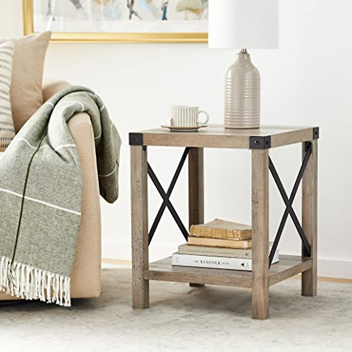 Walker Edison Sedalia Modern Farmhouse Metal X Side Table, 18 Inch, Grey Wash