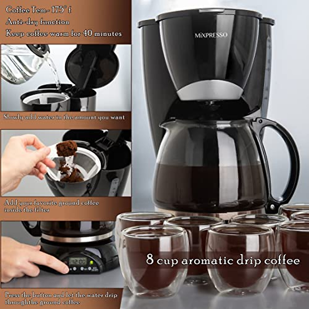 Mixpresso 8-Cup Drip Coffee Maker Programmable, Coffee Pot Machine Including Reusable And Removable Coffee Filter, Black Electric Coffee Maker