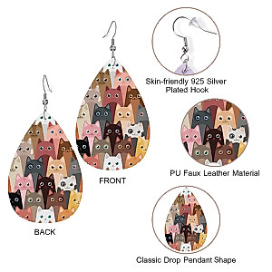 Zokola Cats Earrings, Cartoon Animal Adorable Kitten Cat Face Leather Earrings For Women Friends, PU Teardrop Hooks Double-Sided Dangle Lightweight Leaf Earrings