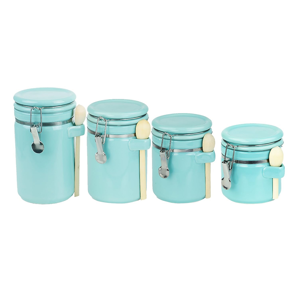 Canister Sets For The Kitchen (4 Piece) Turquoise, High Gloss Ceramic | By Home Basics | Decorative Kitchen Set | With Wooden Spoons, Countertop Set For Flour, Sugar, Coffee, and Snacks