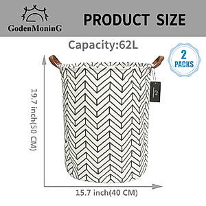 Collapsible Laundry Basket - GodenMoninG 2X 62.8L Large Sized Round Waterproof Storage Bin with Leather Handles,Home Decor,Toy Organizer,Children Nursery Hamper.（2 PACKS，THICK Flow Mark X2）