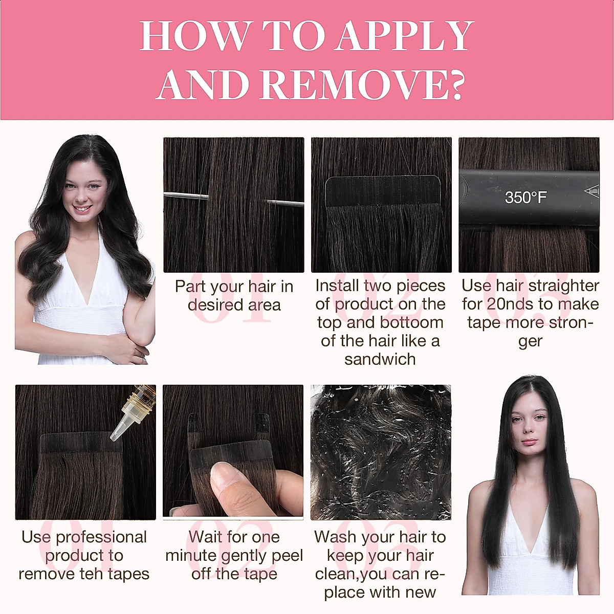 GOO GOO Tape in Hair Extensions Human Hair, 1B Natural black, 20inch 50g 20pcs, Thick Ends Straight Seamless Tape in, Invisible Tape in Hair Extensions Human Hair