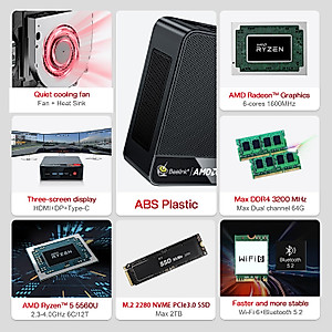 Beelink SER5 Mini PC, AMD Ryzen 5 5560U(up to 4.0GHz) 6C/12T,Mini Computer 8GB DDR4 RAM 256GB NVMe SSD,Triple Display,Wifi6/BT5.2/Gaming/Office/Home,Auto Power On