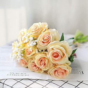 Tifuly 12Pcs Champagne Rose Artificial Flower, Realistic Single Stem Fake Silk Rose Bouquet for Wedding Party Home Centerpiece Hotel Office Decor
