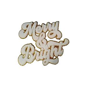 Merry & Bright- Iron On Patch- Pink Chenille Holiday Sweatshirt - Fuzzy Chenille Patch Alphabet Patch Glitter Christmas Patch Only DIY (White)