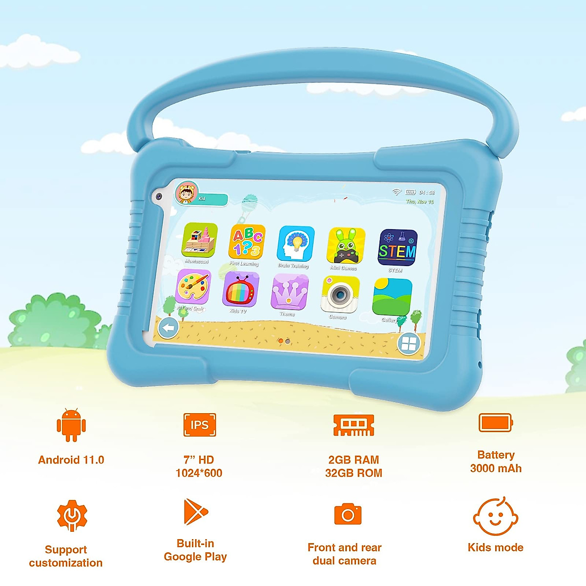 IWGGO Kids 7-inch Tablet with 32GB Storage, Dual Camera, Android 11, Parental Controls, Toddler-friendly