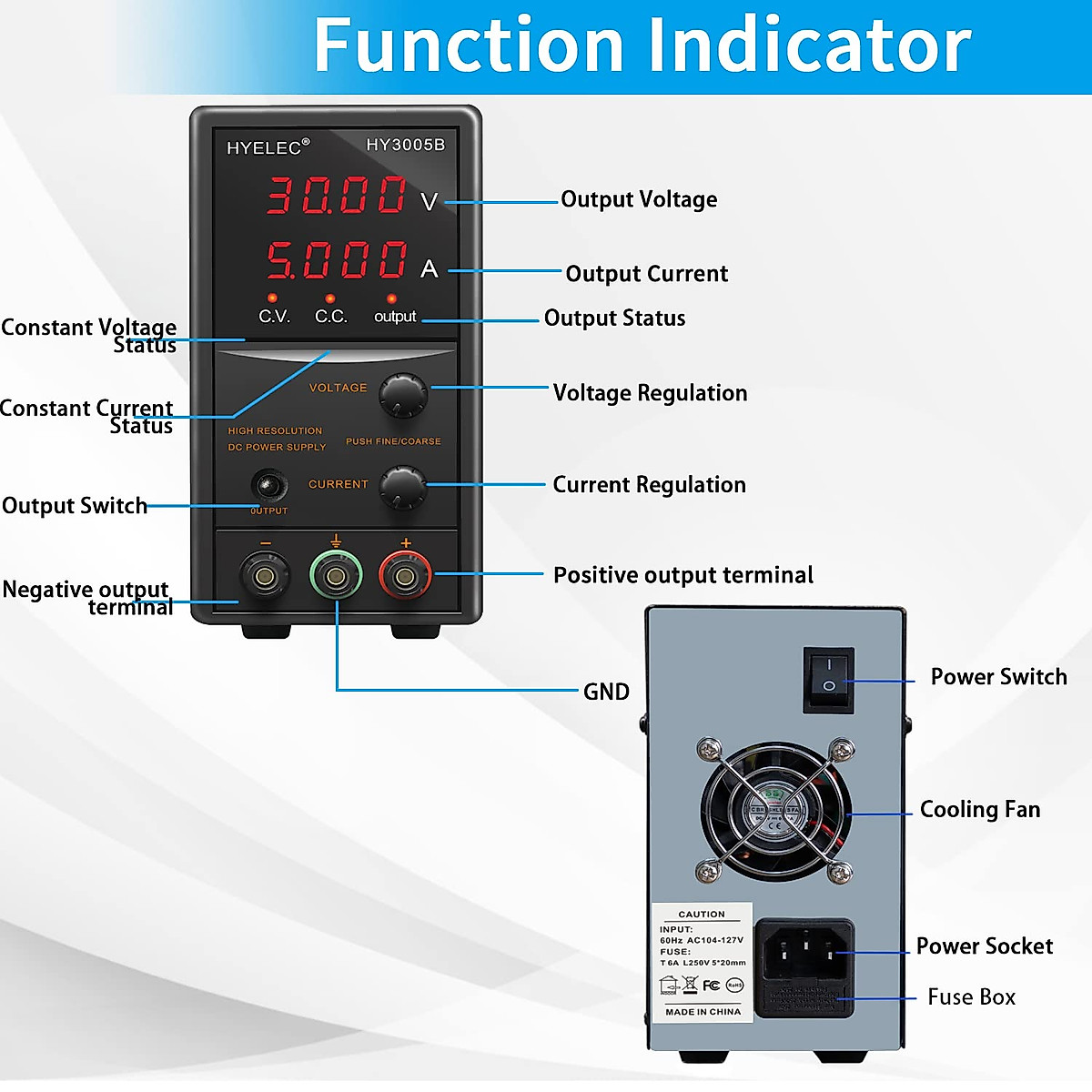 DC Power Supply Variable, Hyelec 30V 5A Adjustable Switching Regulated DC Bench Power Supply with 4 Digits LED Display, Data Hold,Coarse and Fine Adjustment with 110V Alligator Leads