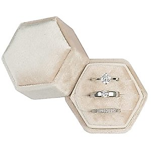 Giftop Equal Hexagon Velvet Ring Box Storage 3 Slots for Wedding Ceremony Proposal Engagement Birthday (Beige)