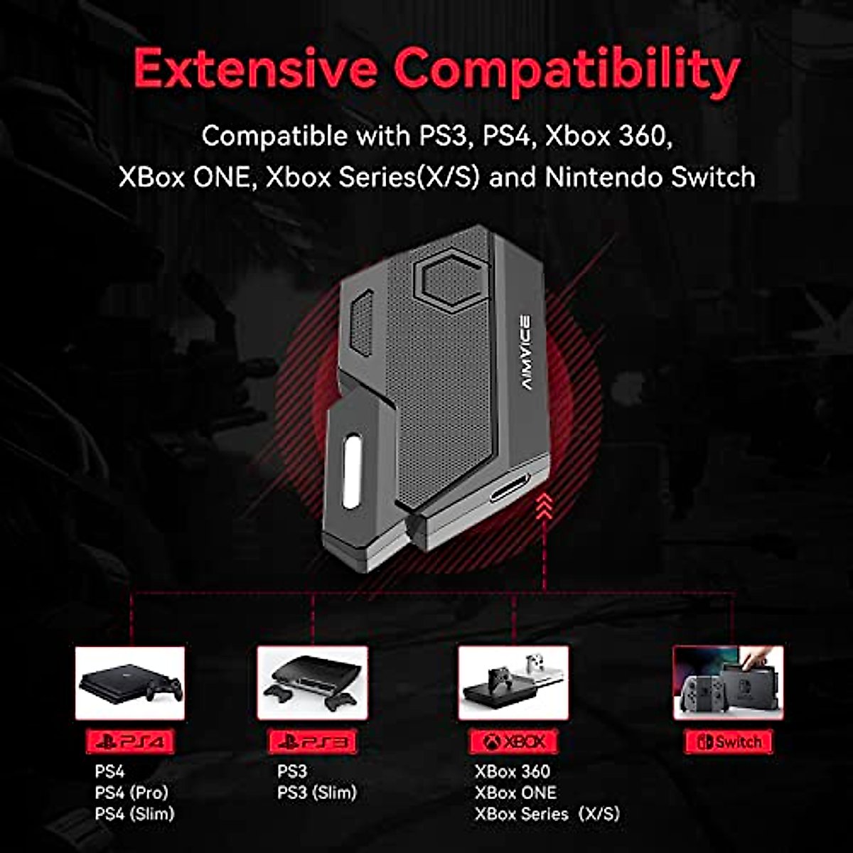 Keyword and Mouse Adapter for Nintendo Switch/Xbox One/PS4/PS3, AIMVICE Keyboard Adapter & Xbox Keyboard Adapter, Perfect for Games Consoles for FPS, TPS and RTS [2023 Upgrade Version]