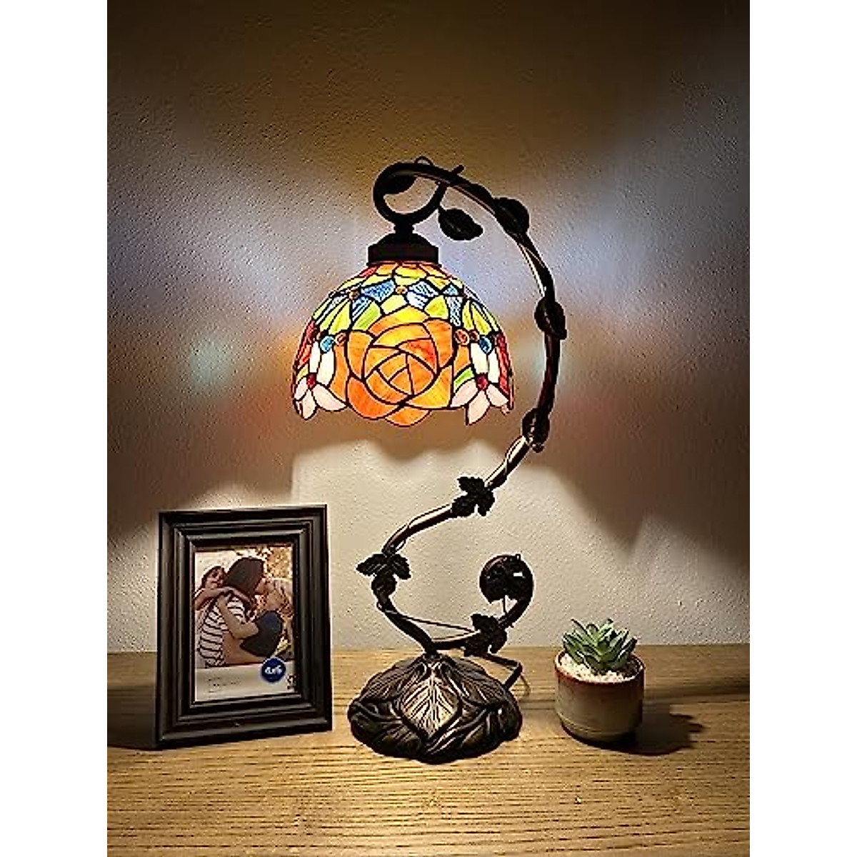 Enjoy Tiffany Style Table Lamp Stained Glass Rose Flowers Iron Metal Leaves Bronze Base Vintage for Living Room Dining Room Bedroom Bedside Office Hotel H21*W11 in