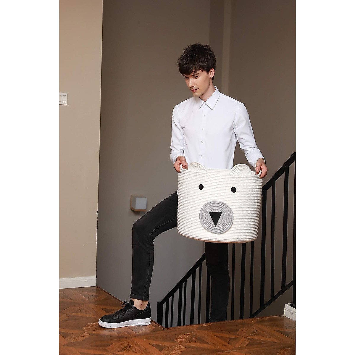 Bear Basket, Animal Basket, Large Cotton Rope Basket, Large Storage Basket, Woven Laundry Hamper, Cloth Storage Bin, for Clothes in Bedroom (White, 18"x15")