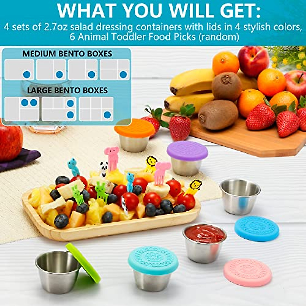 VERFOU Salad Dressing Condiment Container with Lid, 4 Pack 2.7oz Reusable Dip Cup, 304 Stainless Steel Small Food Storage Container with Silicone Lid, Leakproof Sauce Cup Easy Open for Lunch Box